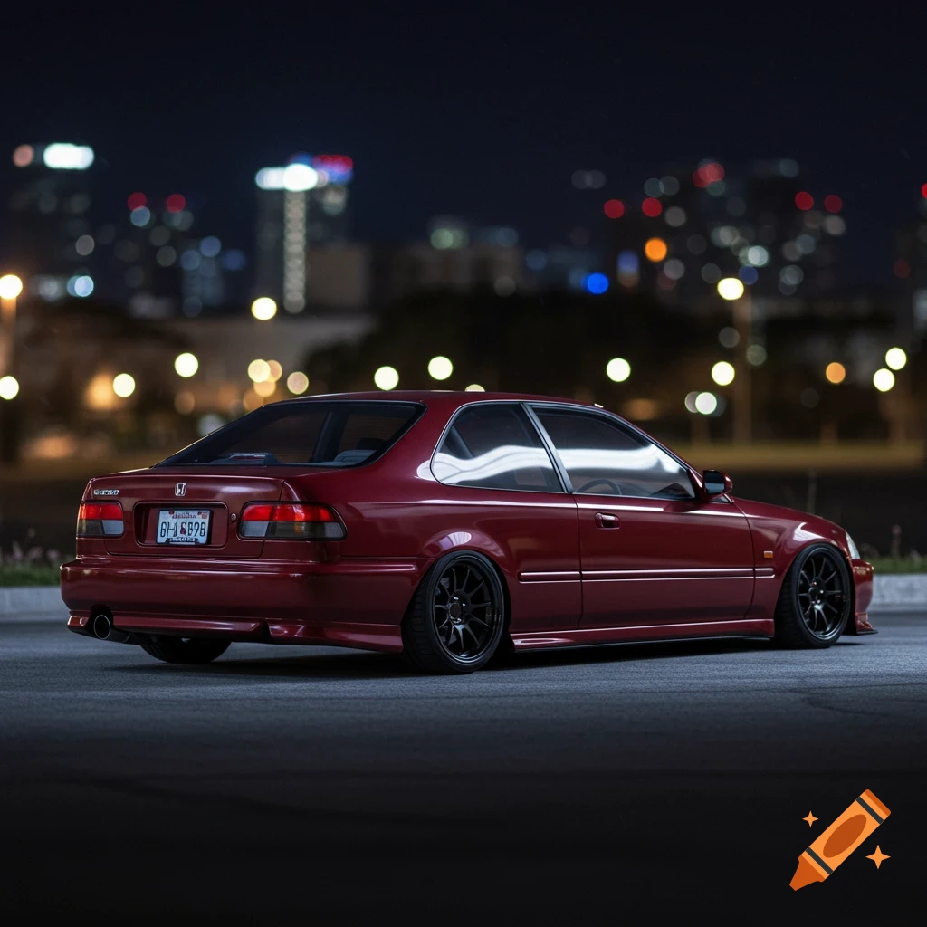 Wine red 2000 Honda Civic EX with black RPF1 wheels on Craiyon