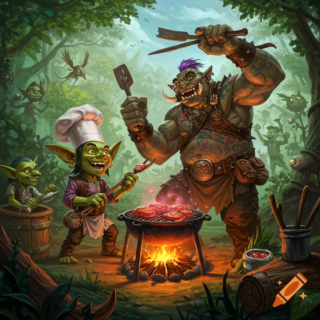 Goblin and troll cookout in Magic the Gathering style on Craiyon