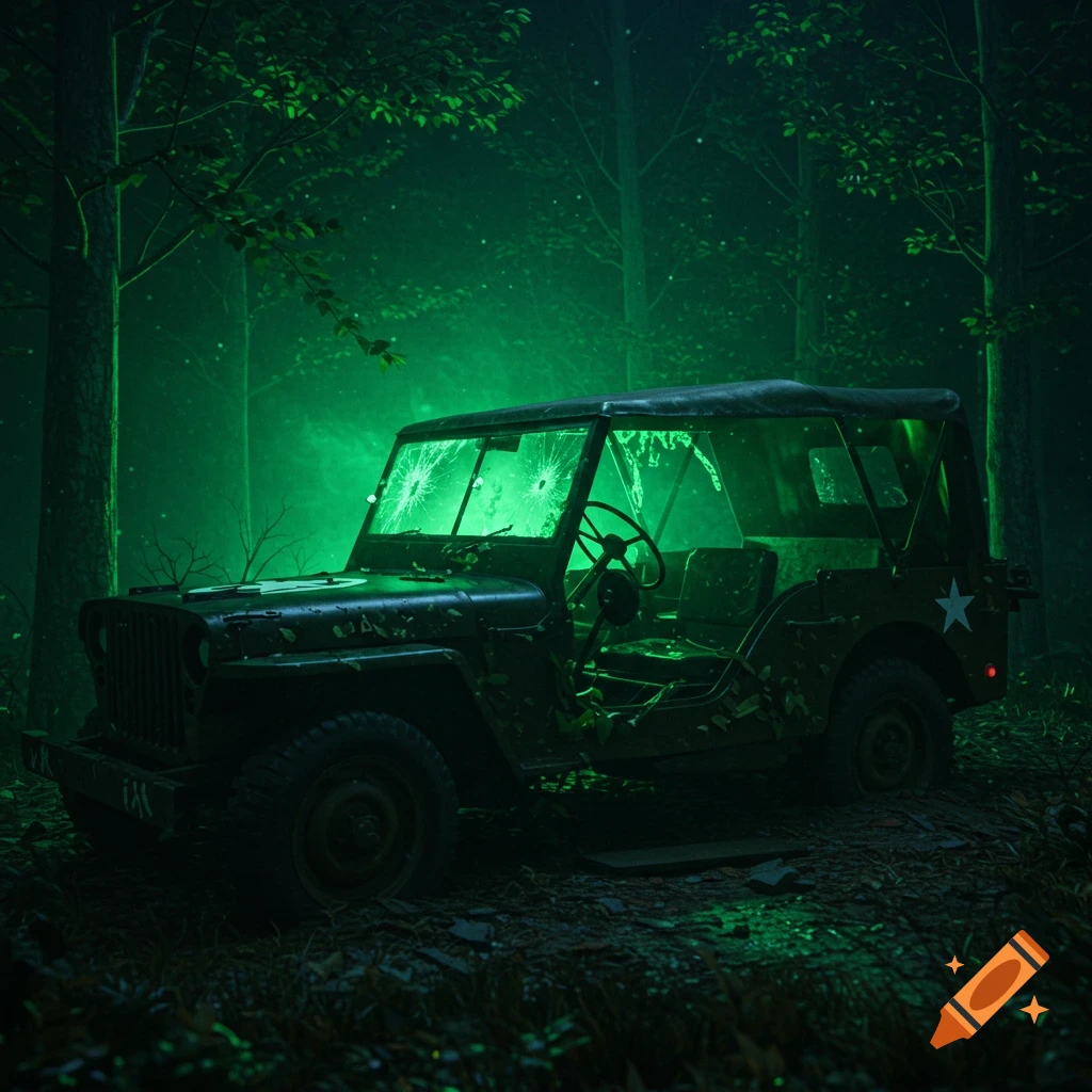 Abandoned military jeep with broken windows in a dark forest with eerie ...