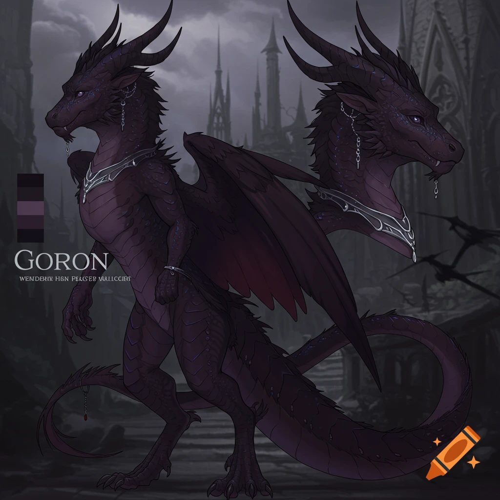 Dark fantasy dragon character reference sheet in a gothic setting. on Craiyon