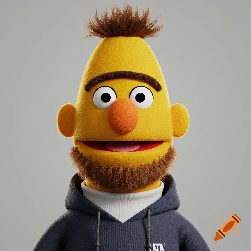 Streetwear Muppet Bert with yellow skin and brown beard, cartoon style ...