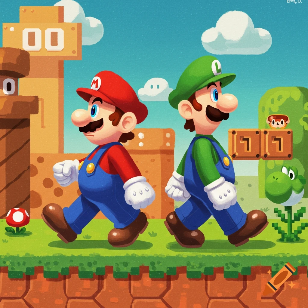 Mario and Luigi walking on Craiyon