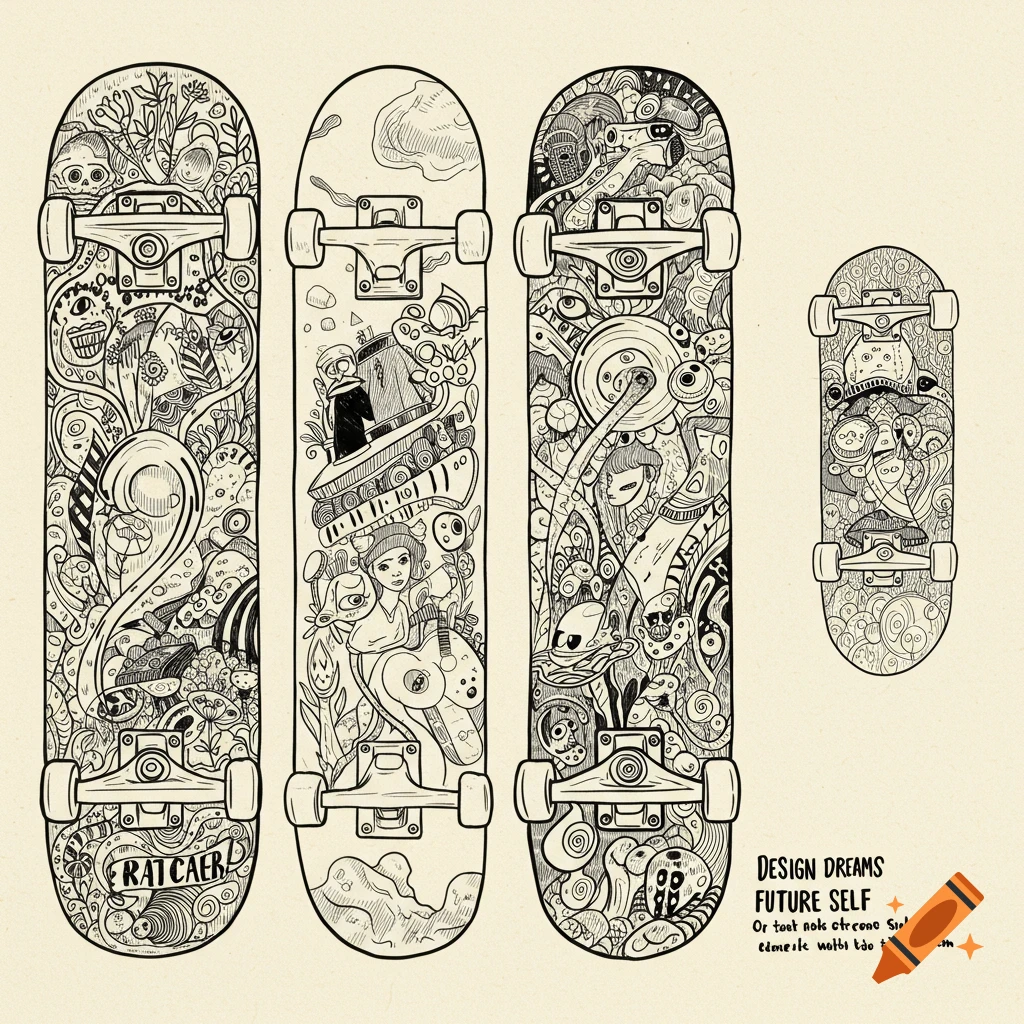 Concept sketches of dream-inspired skateboard designs on Craiyon