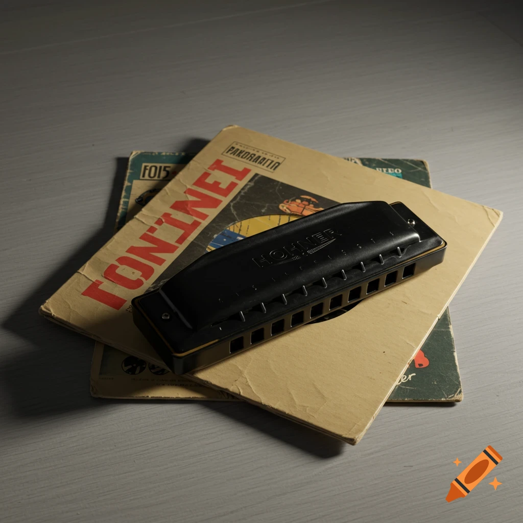 Hohner chromatic harmonica on stack of 45 rpm records on Craiyon