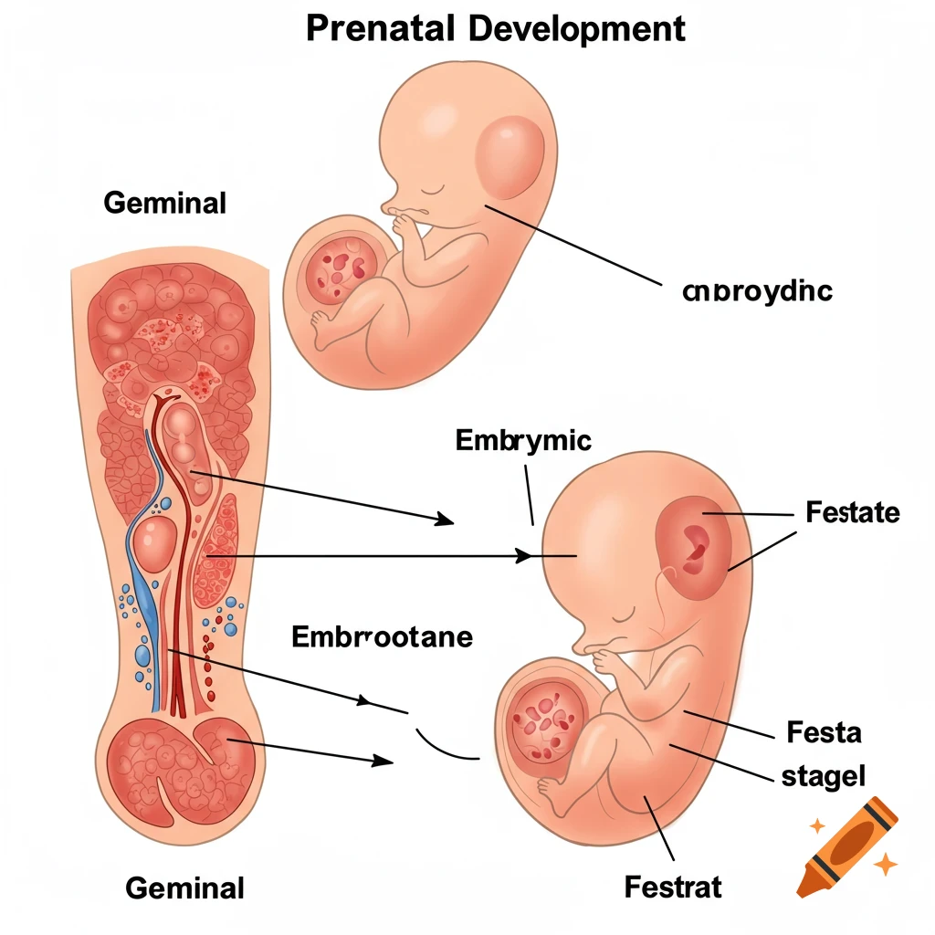 Simplified illustration of germinal, embryonic, and fetal stages of prenatal development. on Craiyon