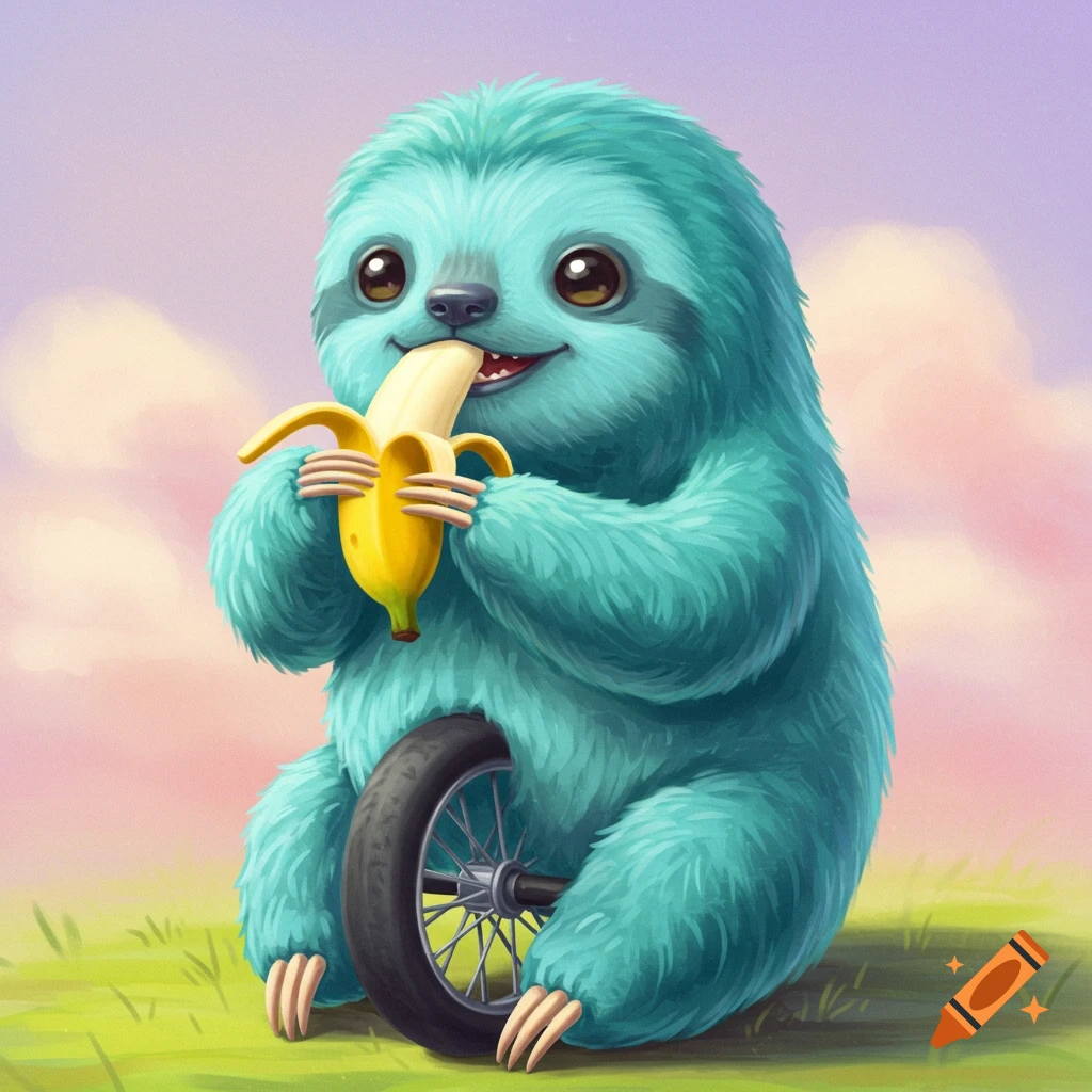 Teal sloth-unicycle hybrid eating a banana on Craiyon