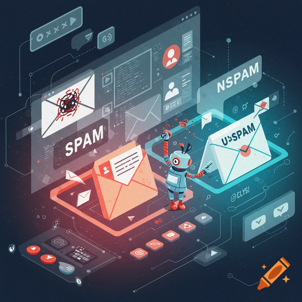 Isometric illustration of a robot sorting spam emails on a digital ...
