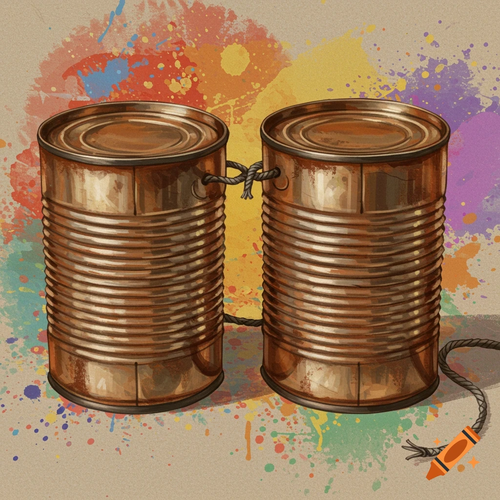 Illustration of two tin cans connected by red string, decorated with ...
