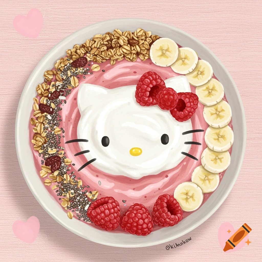 Illustration of a pink smoothie bowl decorated as Hello Kitty with ...
