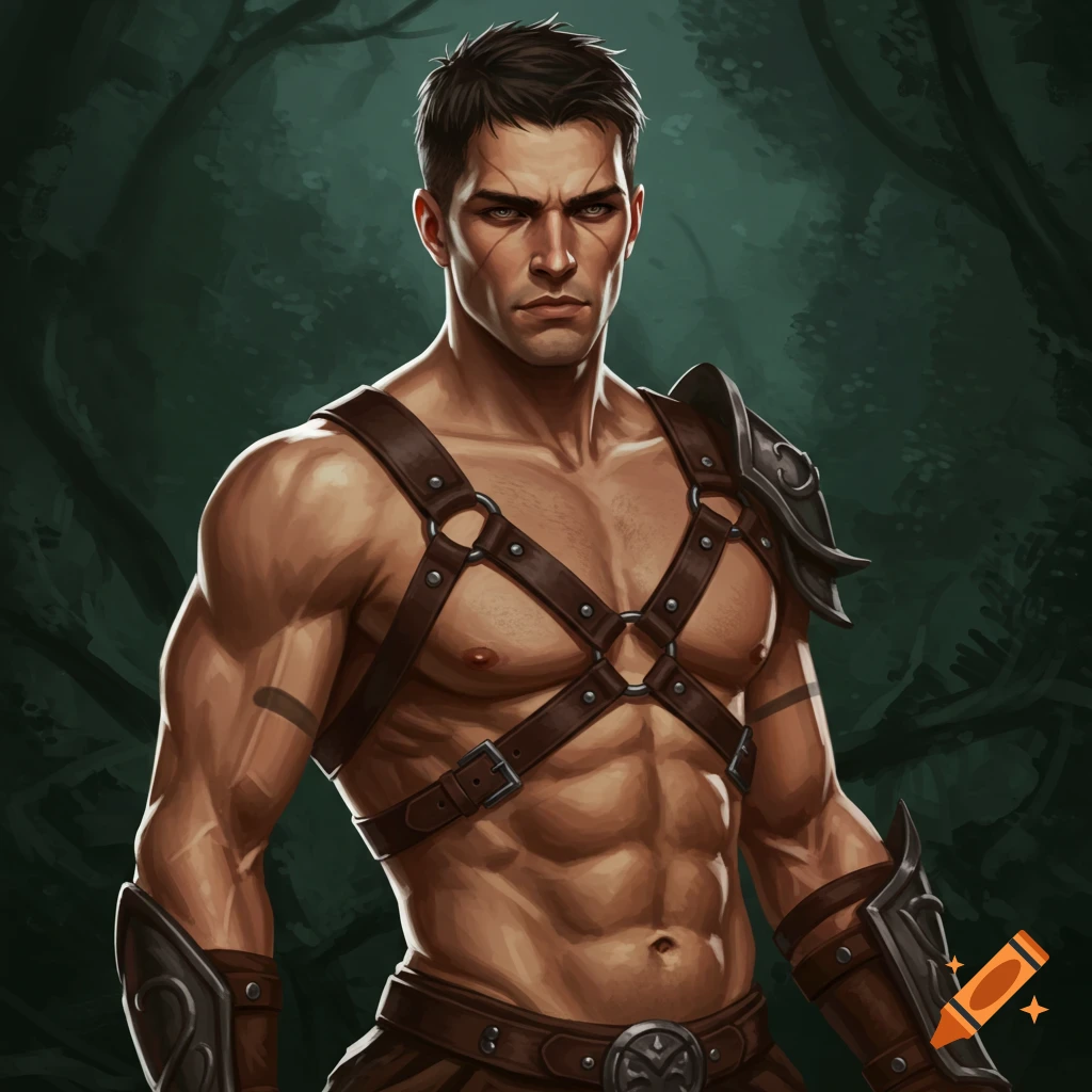 Muscular white man in leather harness and armor in a forest. on Craiyon