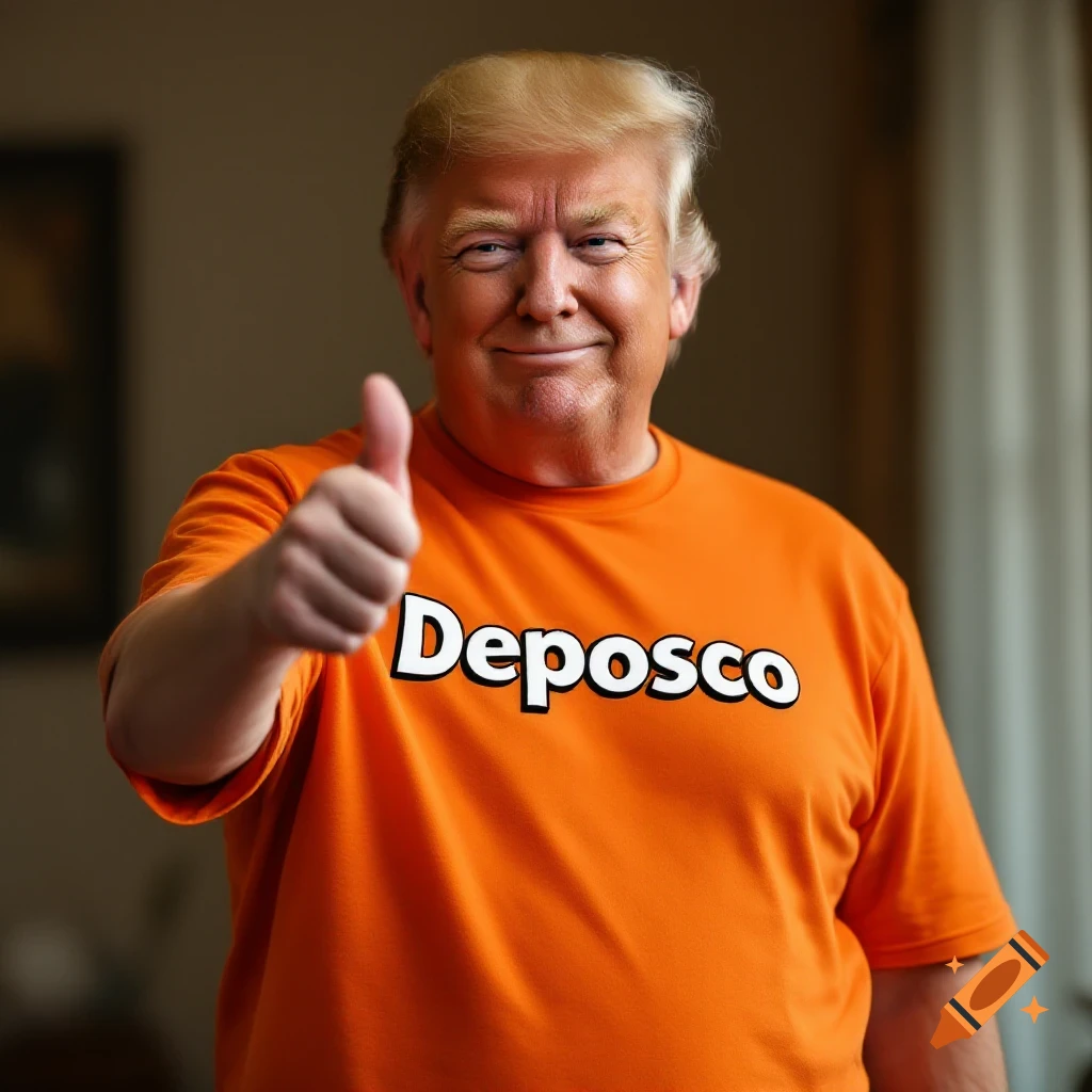 Man resembling Donald Trump wears orange t-shirt with 'Deposco' text ...