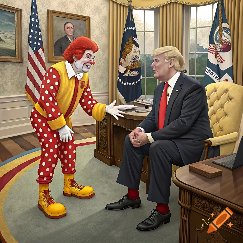 Ronald McDonald meeting Donald Trump in the Oval Office on Craiyon