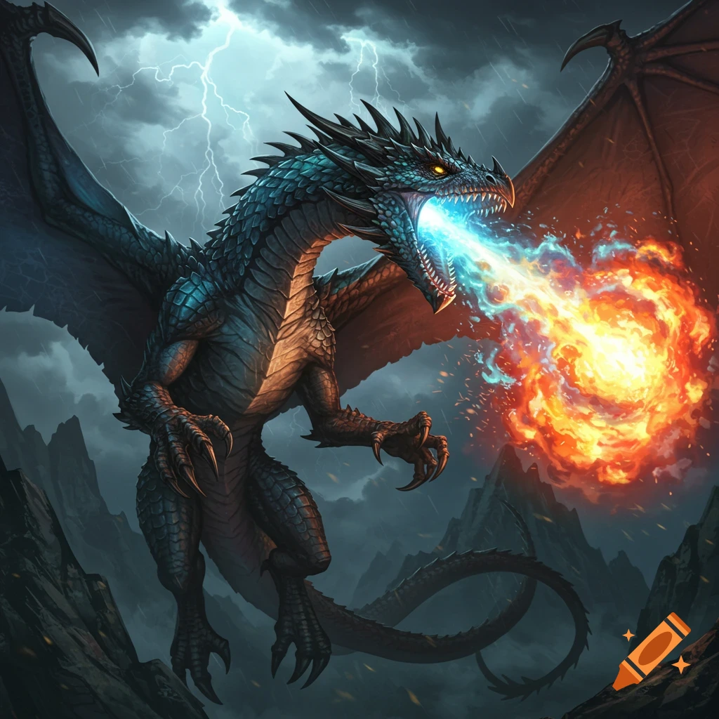 Flying Wyvern monster unleashing frost fire breath on Craiyon