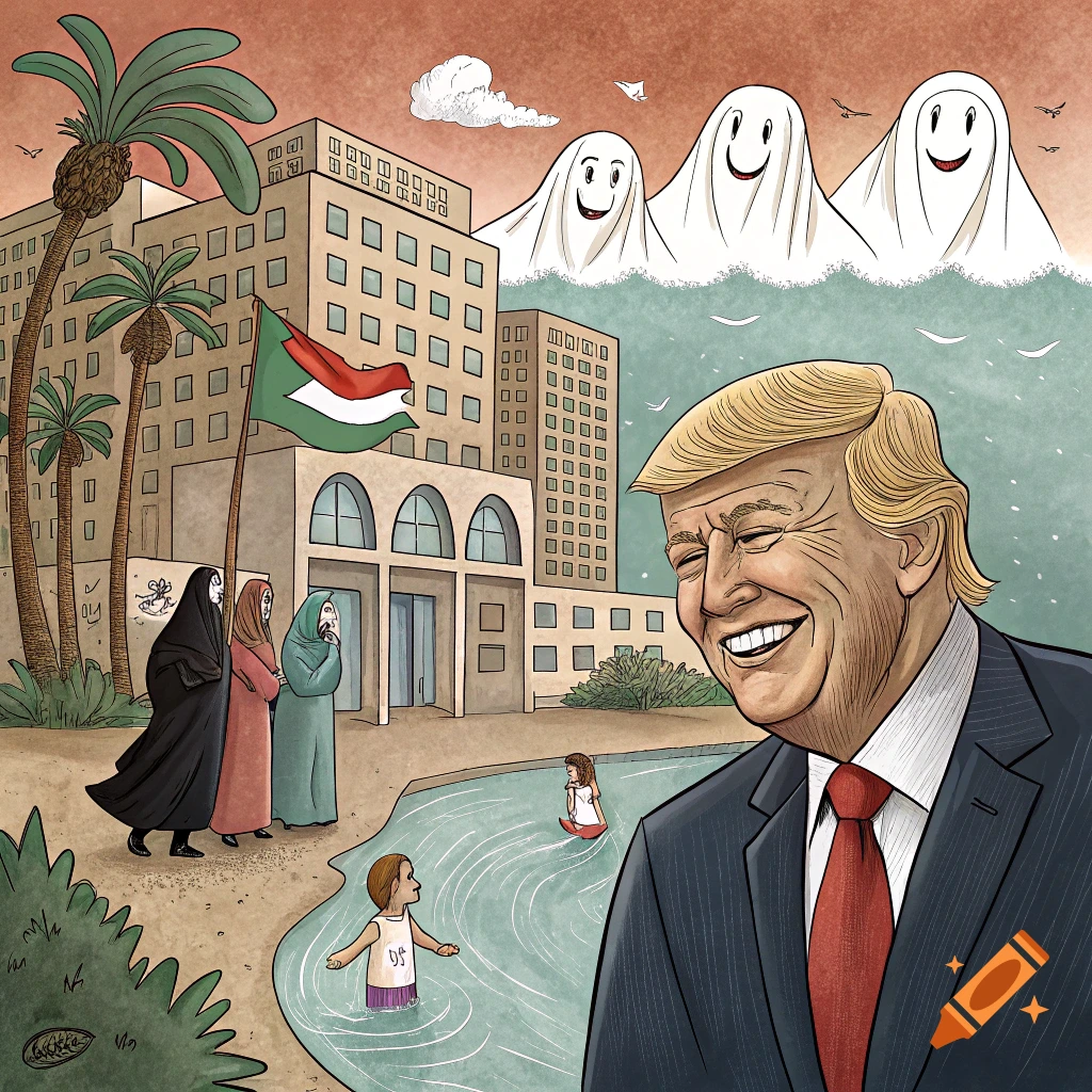 Political cartoon of Trump smiling about Gaza Lago with sad Palestinian ...