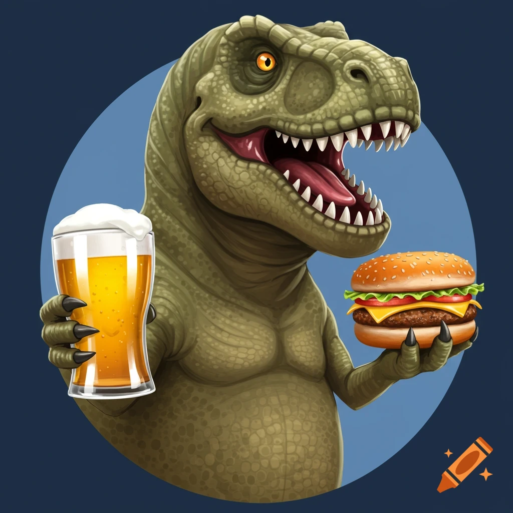 Tyrannosaurus rex with a beer and a burger on Craiyon