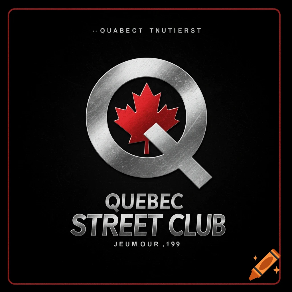 Retro-style logo with a large red Q and maple leaf over a red car ...