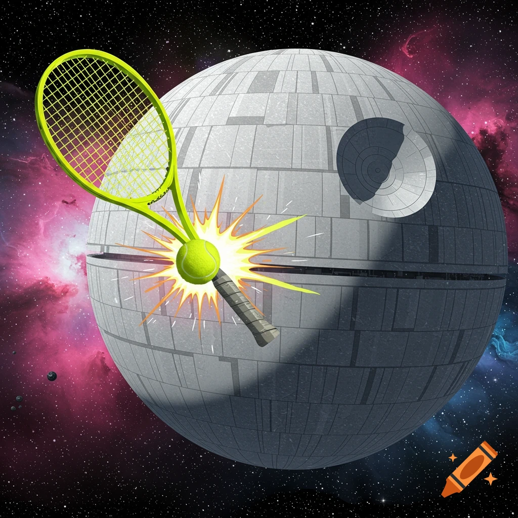 Death Star resembling a tennis ball hit by a racket on Craiyon
