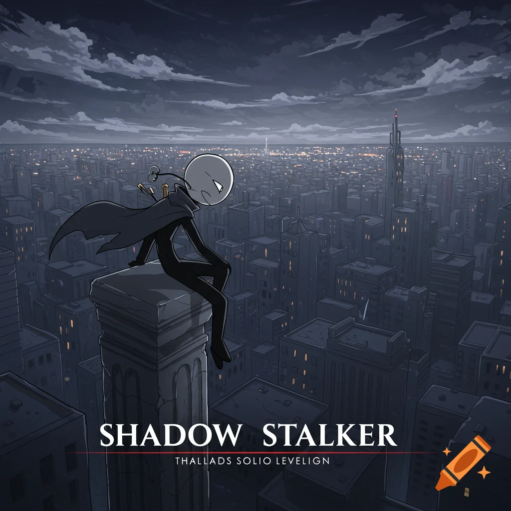 Stickman with grayish aura sitting on pillar overlooking city, anime ...