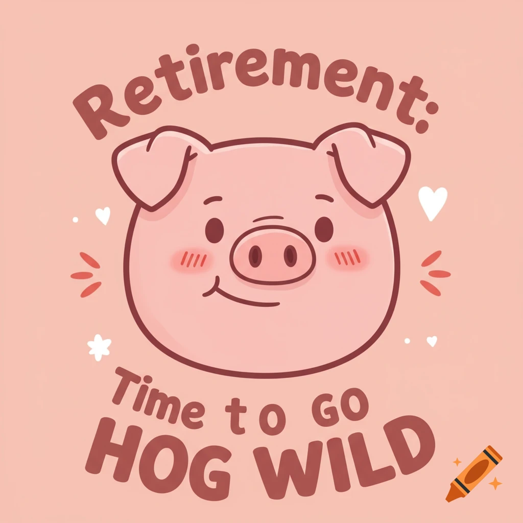 Cartoon pig with the words 'Retirement: Time to go HOG WILD' on Craiyon