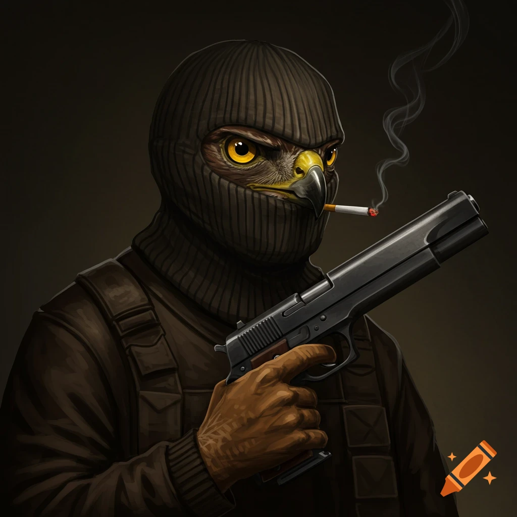 Hawk with gun and ski mask smoking on Craiyon