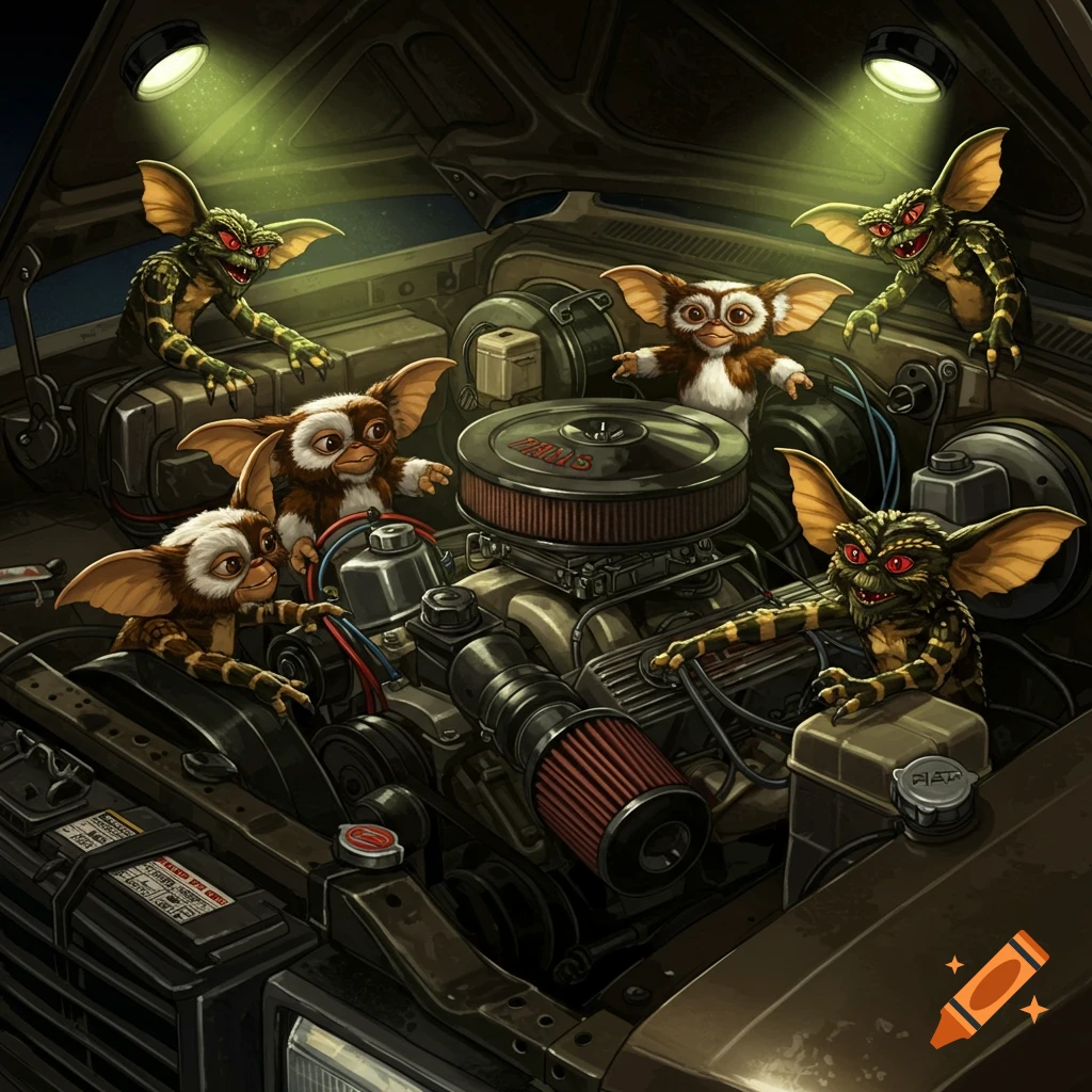 Cartoon gremlins and mogwai characters inside a vehicle engine bay. on ...
