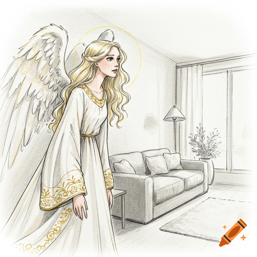 A female angel with large wings and a halo looks around a living room ...
