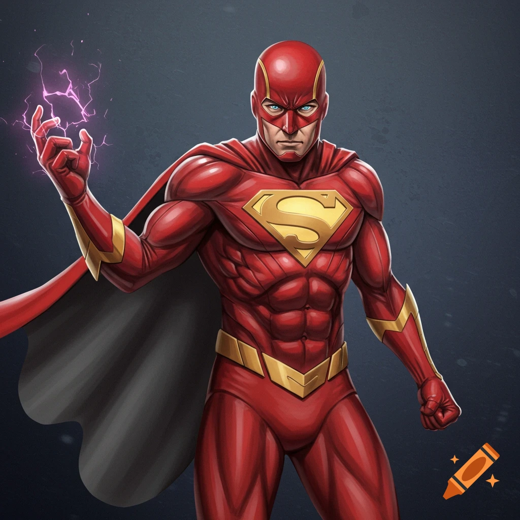 A superhero in a red suit with a gold S logo and gold accents holds a ...