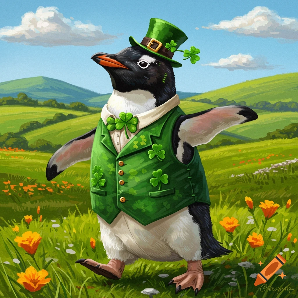 A penguin wearing a green vest, hat, and shamrocks walks through a ...
