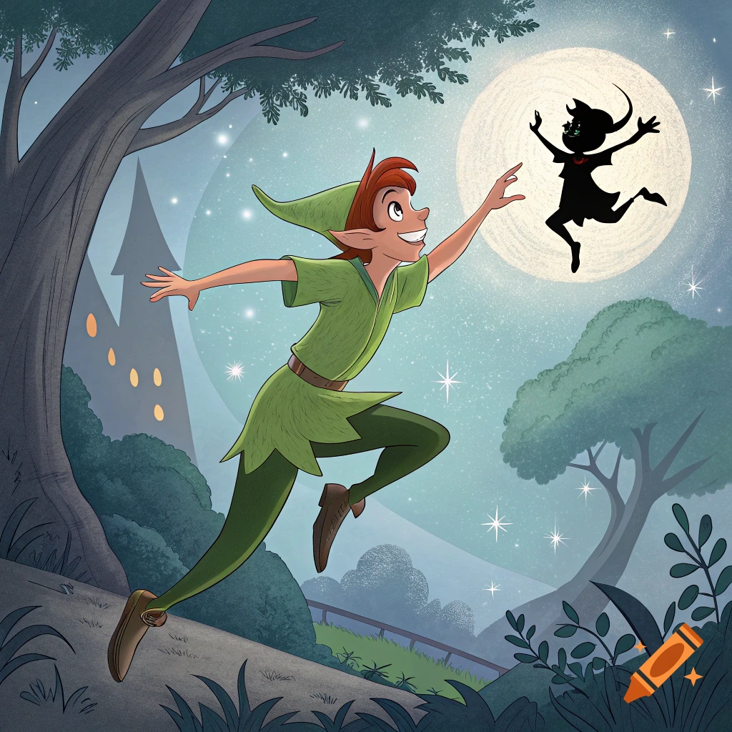 Cartoon illustration of Peter Pan running and reaching for his shadow ...