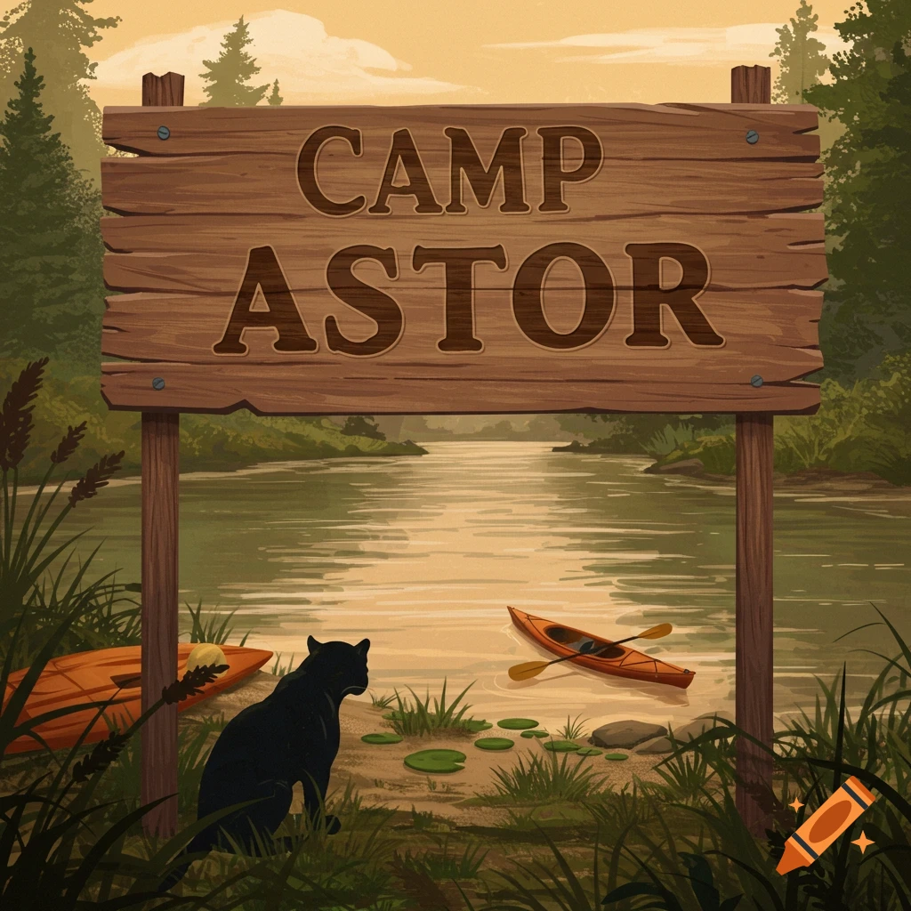 Illustration of a "Camp Astor" sign by a river with a kayak and a black ...