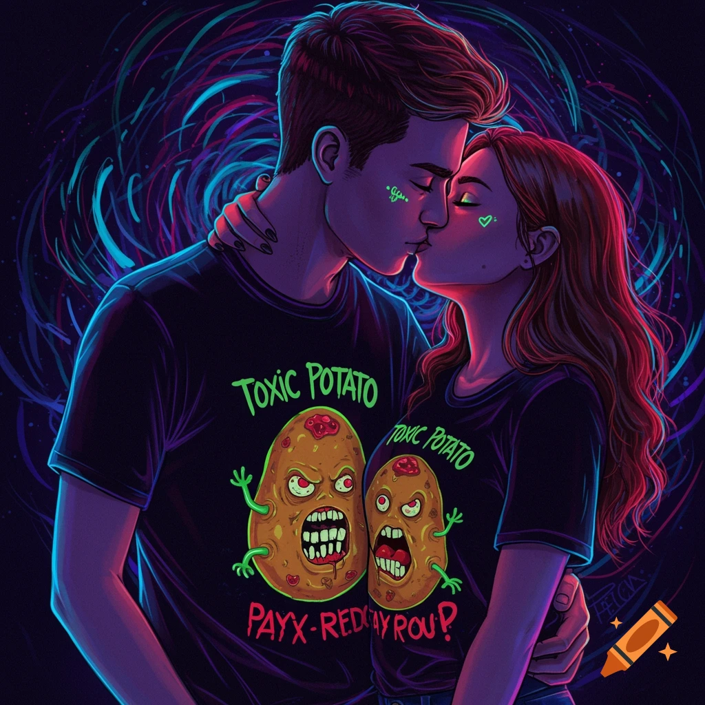 Neon-themed image of a couple kissing, wearing shirts with 'toxic ...