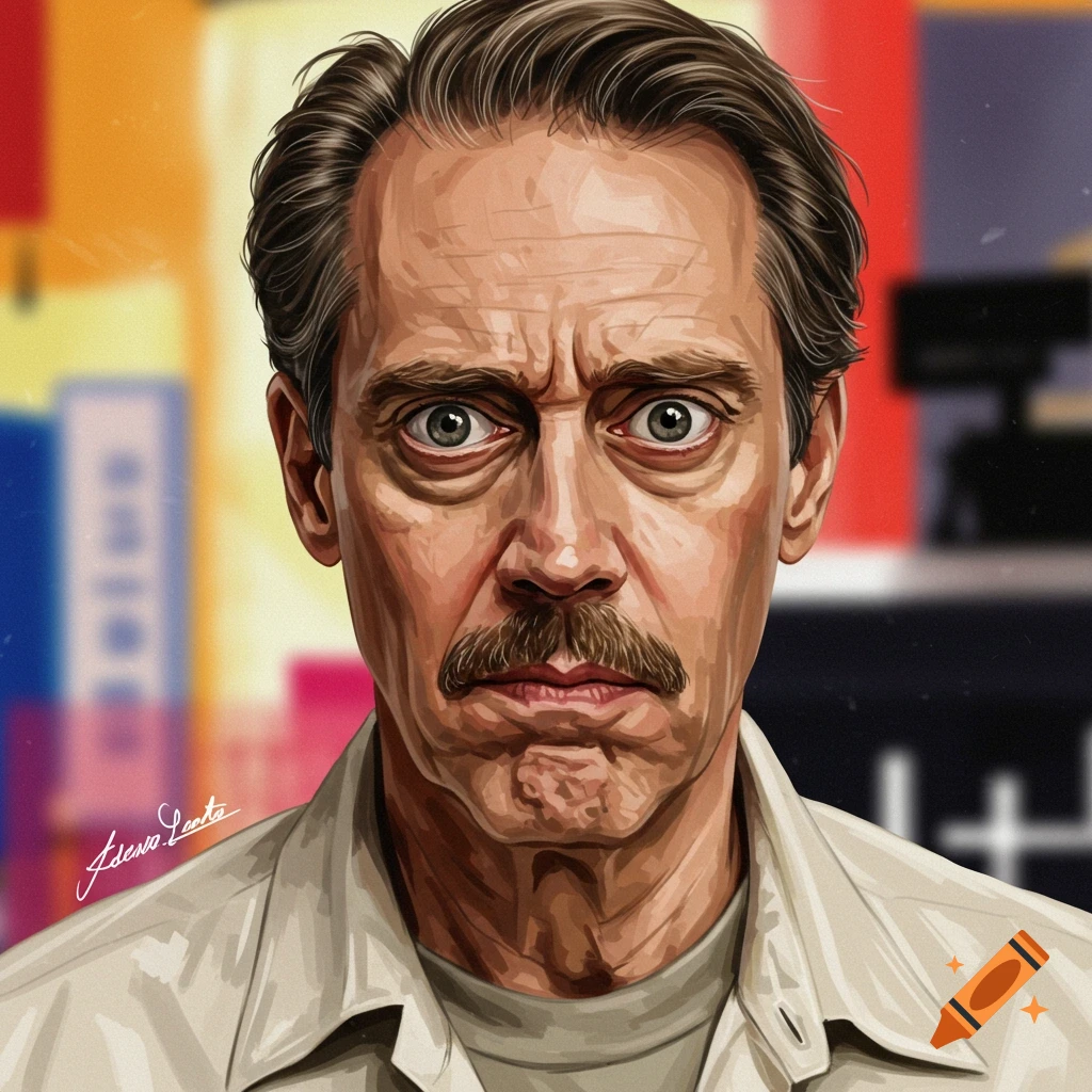 Illustration portrait of actor Steve Buscemi with a mustache and ...