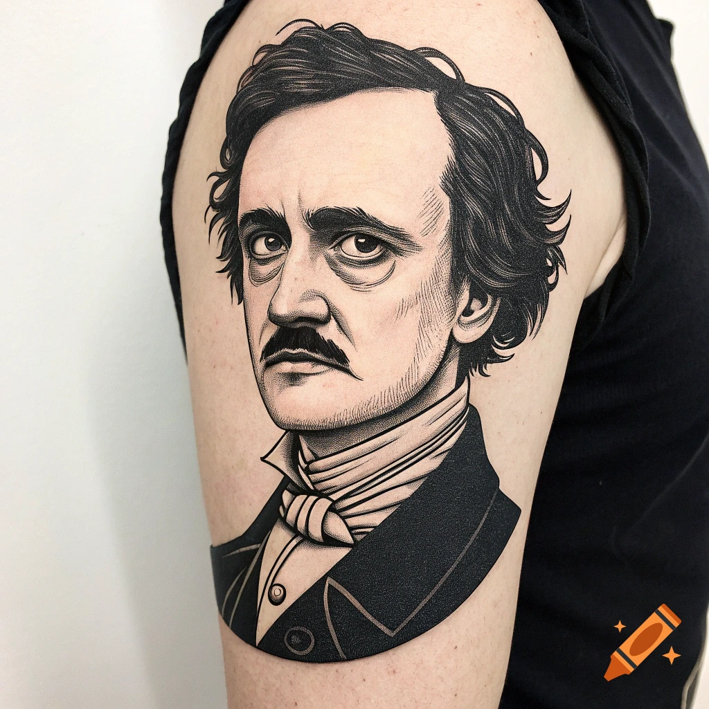 Black and white tattoo portrait of Edgar Allan Poe on an arm. on Craiyon