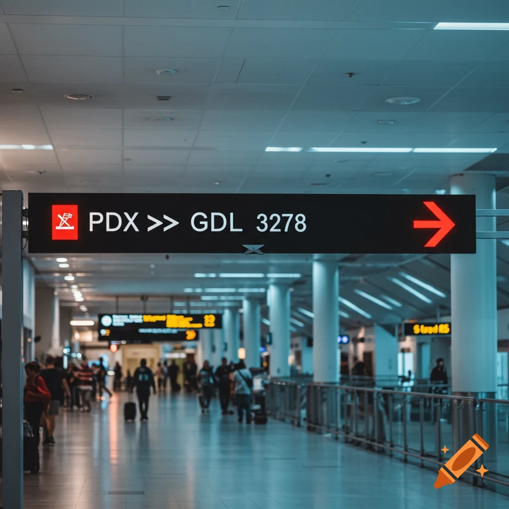 Sign pointing to PDX and GDL with mileage on Craiyon