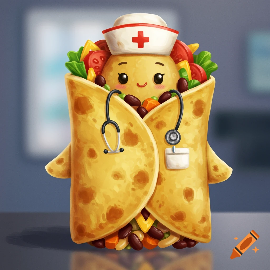 A cartoon pickle dressed as a nurse holds a stethoscope in a hospital ...