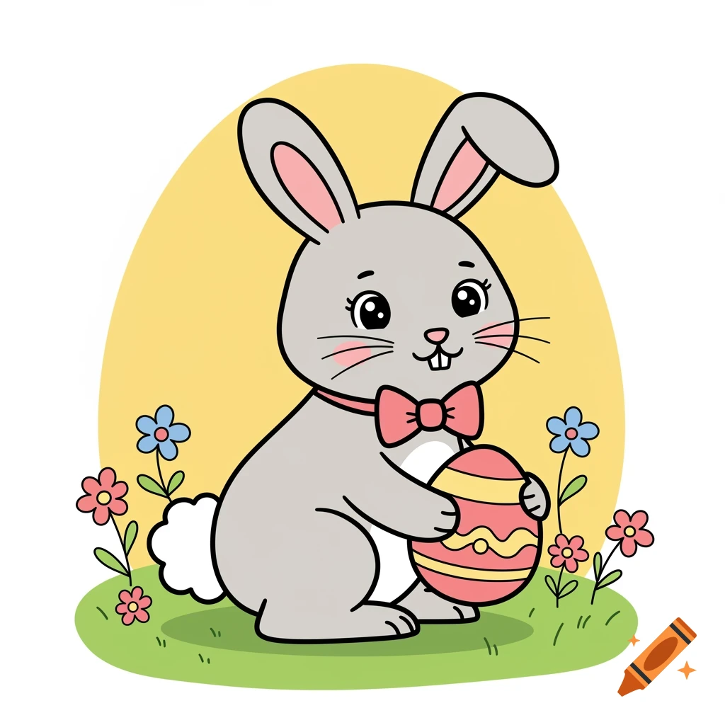Cartoon Easter bunny holds decorated egg in grass with flowers. on Craiyon