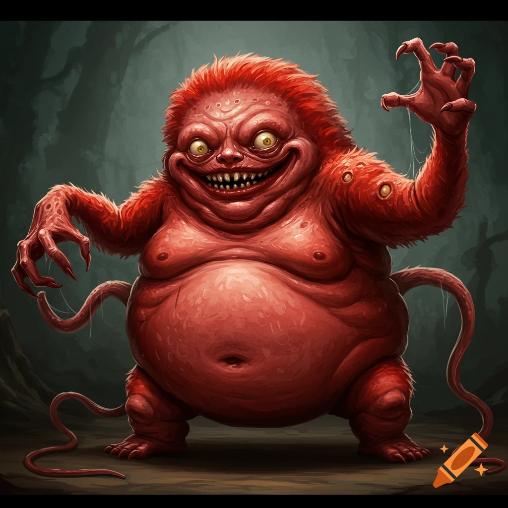 Scary plump monster with fur and spaghetti arms on Craiyon