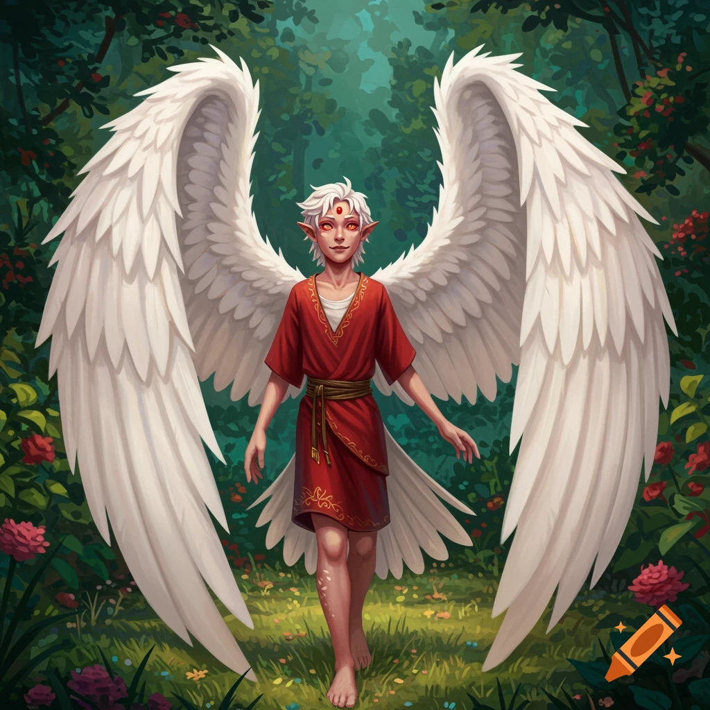 Human hybrid with giant wings, albino and red eyes on Craiyon