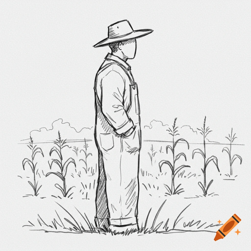 A sketch of a farmer standing in a cornfield, viewed from the side. on ...
