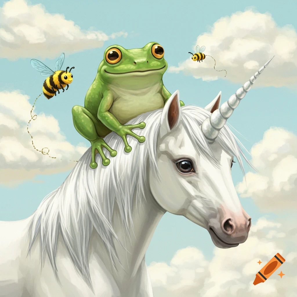 Frog sitting on a unicorn with a bee on Craiyon