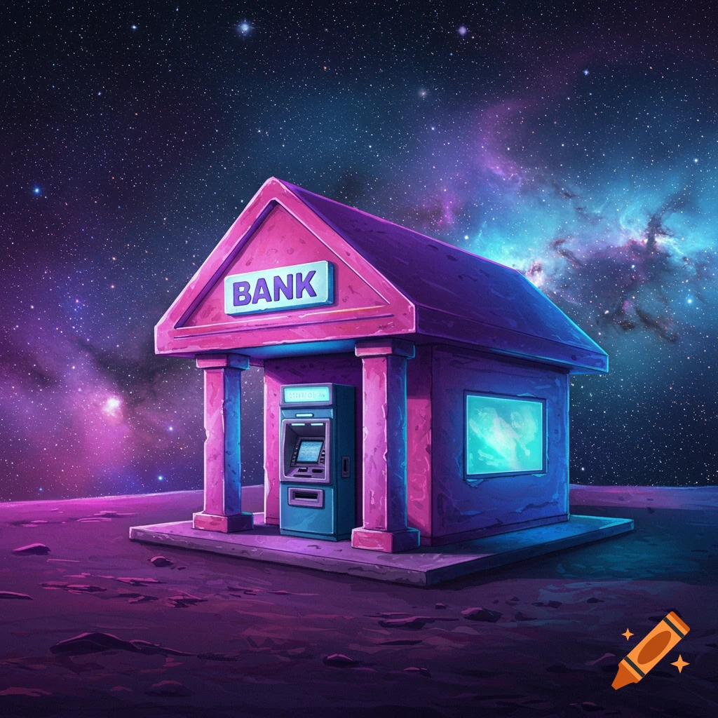 A small pink bank building with an ATM sits on a purple alien landscape ...