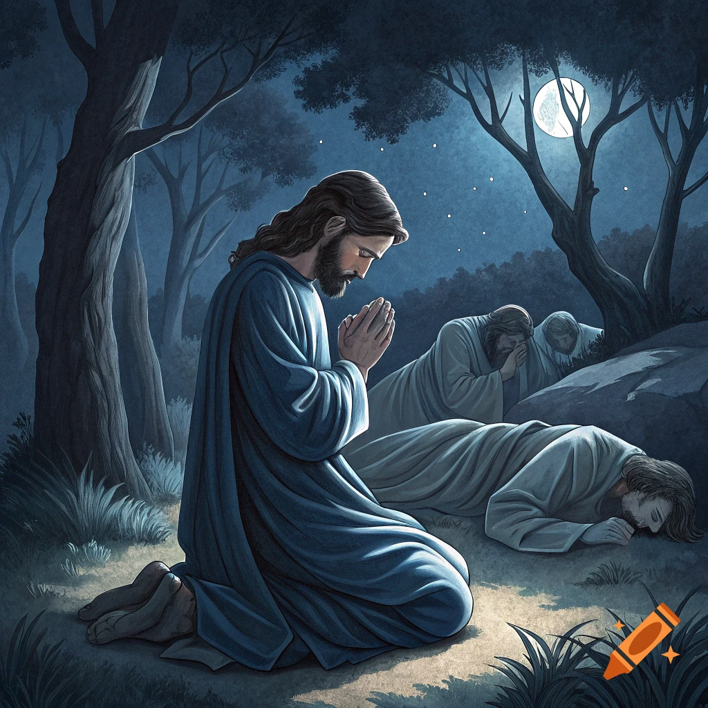 Jesus praying in Gethsemane garden with disciples, watercolor style on ...