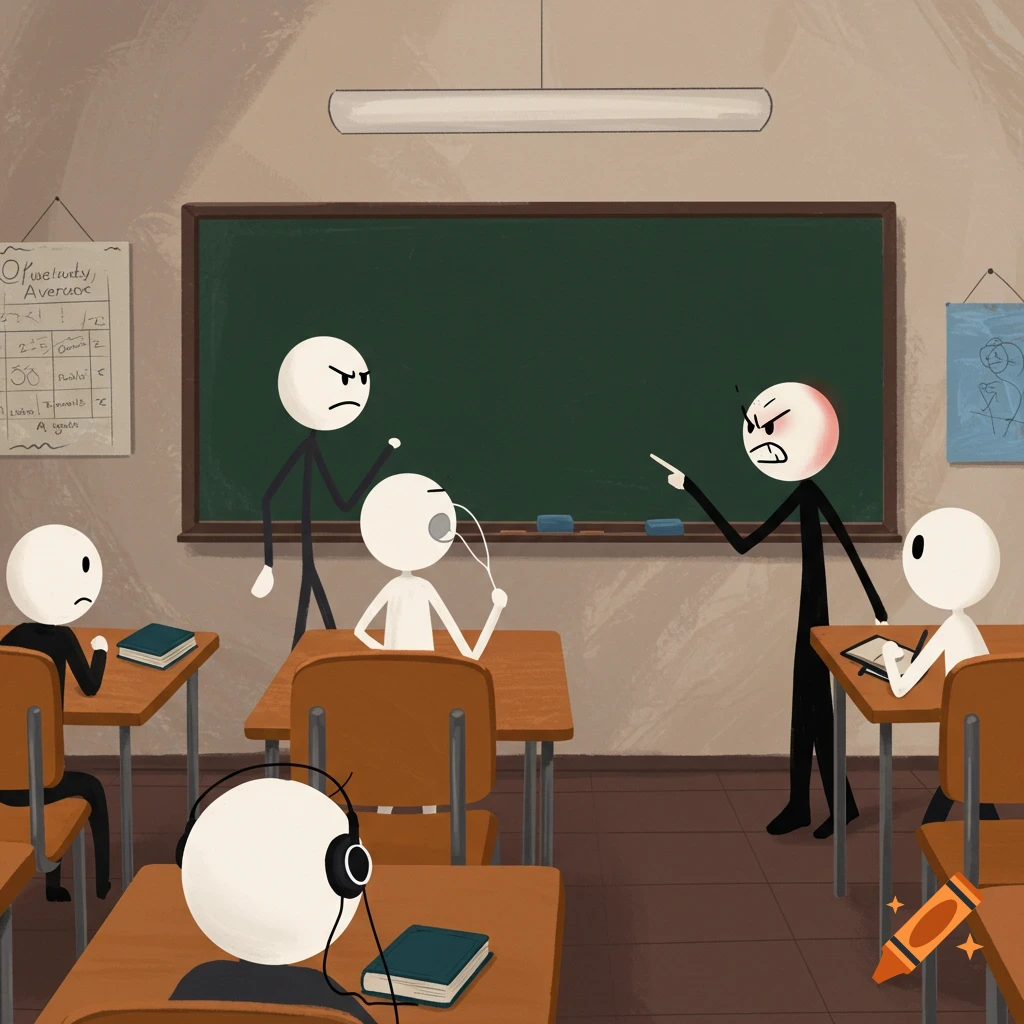 A stick figure teacher is angry at a student in a classroom scene with ...