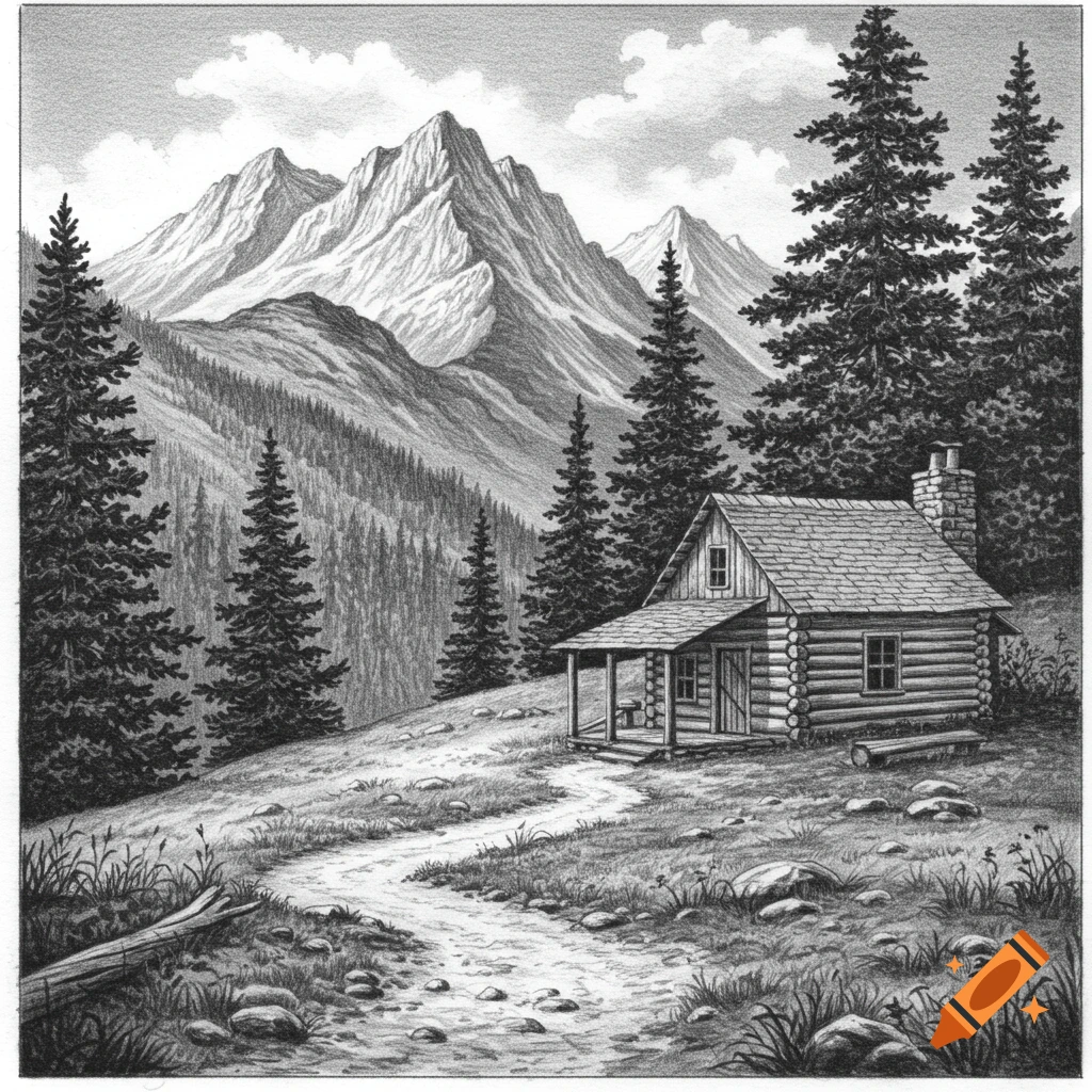A black and white drawing of a log cabin nestled in a mountain ...
