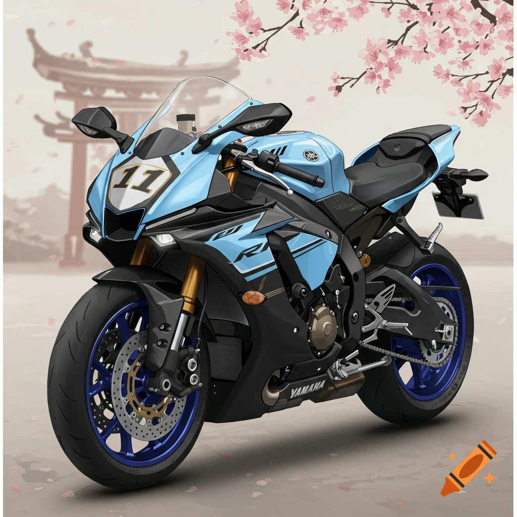 Yamaha R1 with baby blue and black Japanese-inspired paint scheme on ...