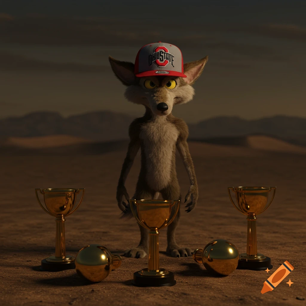 Ultra realistic humanoid Wiley Coyote in desert wearing Ohio State hat ...