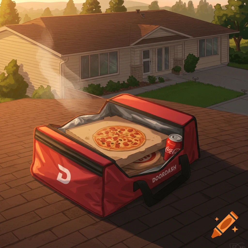 Illustration of a red Doordash delivery bag with a pizza and Coca-Cola can on the roof of a ...