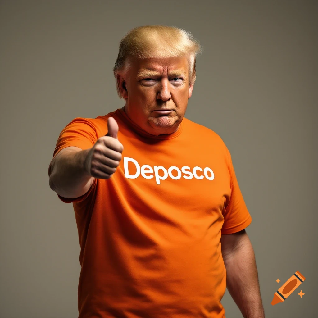 President Trump wearing an orange Deposco t-shirt giving a thumbs down ...