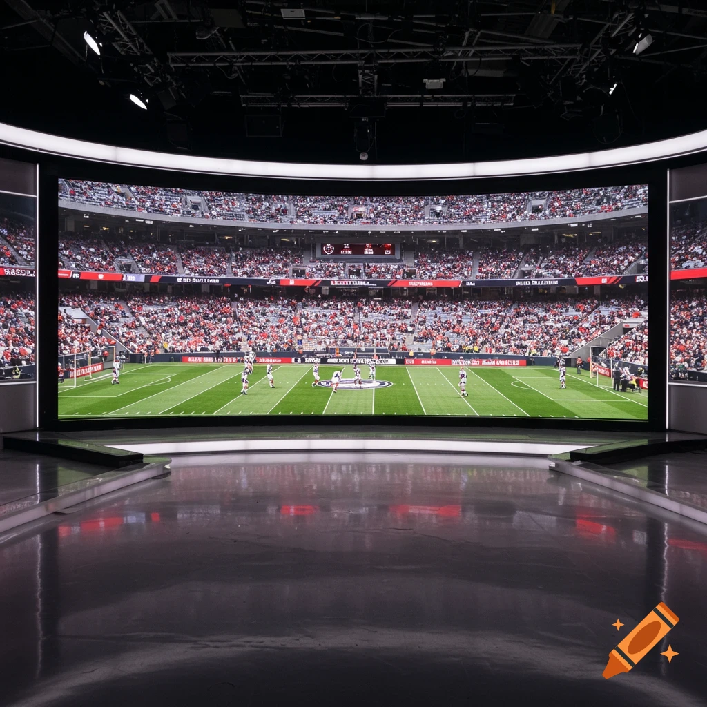 Sports studio with large LED screen showing a football game on Craiyon