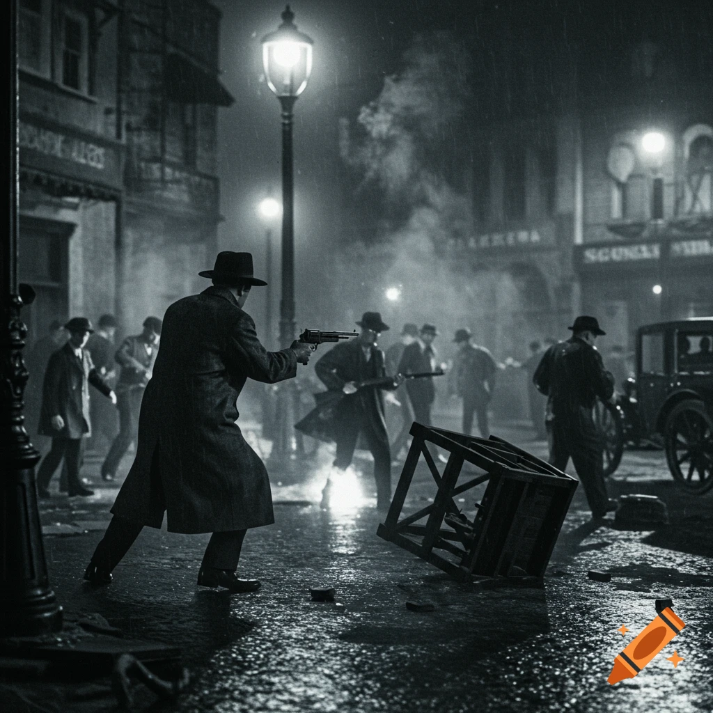 1920s gang fight in a rain-soaked city street photograph on Craiyon